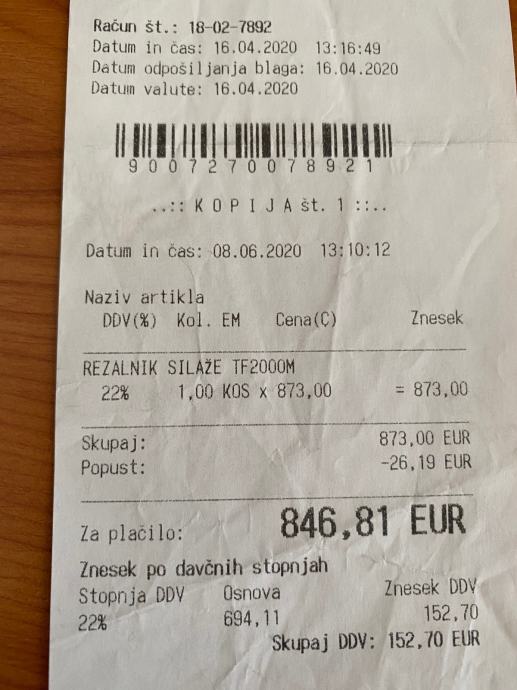 Rezalnik silaže COMER TF 2000 M - star 4 mesece! - NOŽ ZA SILAŽO