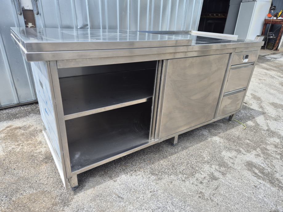 Inox delovni pult, inoks miza, grelna plošča, drsna vrata, grelni pult