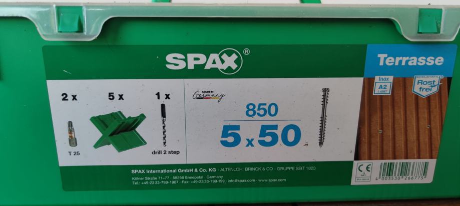 SPAX komplet vijaki 5x50, sveder, biti in distančniki za lesene terase