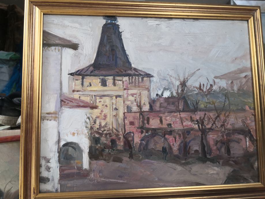 Stara oljna slika,1960 leta, olje na, plošči, gra na sliki,