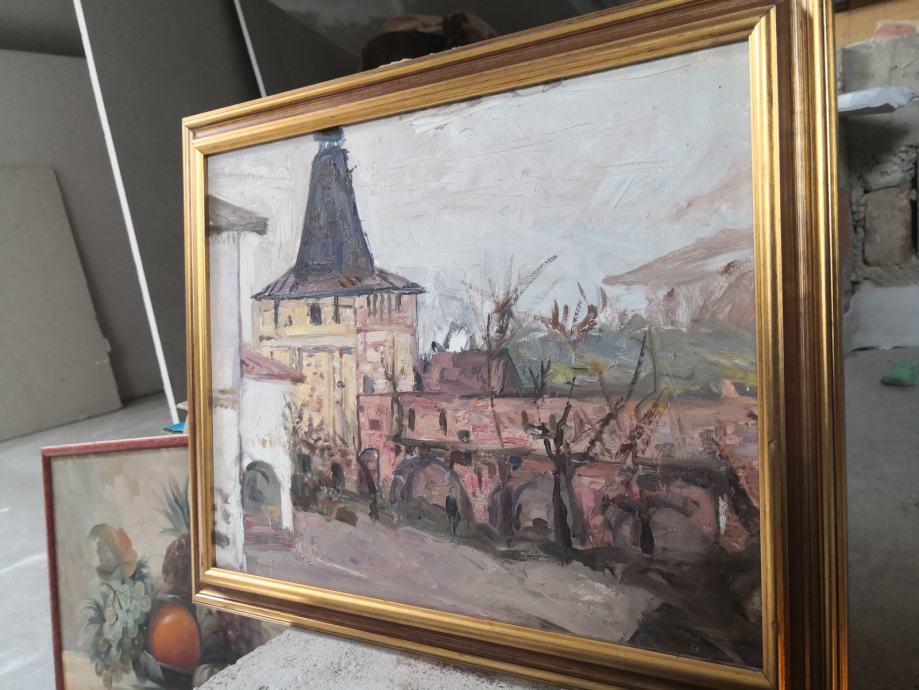 Stara oljna slika,1960 leta, olje na, plošči, gra na sliki,