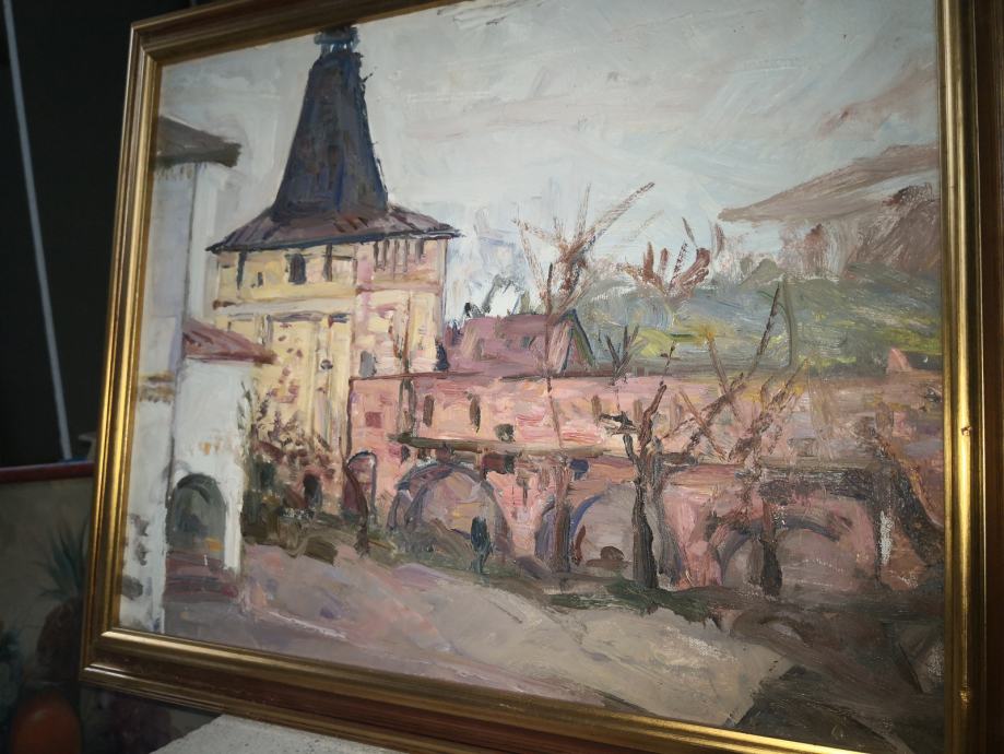 Stara oljna slika,1960 leta, olje na, plošči, gra na sliki,