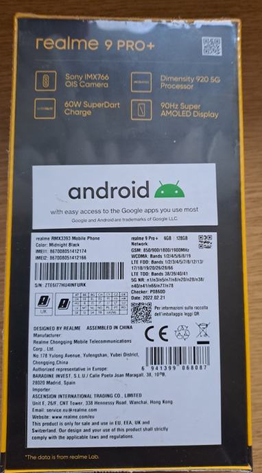 REALME 9pro+ 5G, 6GB/128GB, nov, črn, original zapakiran