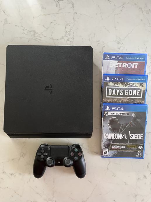 PS4 slim, 1T, 1x Dual shock kontroler + 3 igre (Rainbow Six Siege ...)
