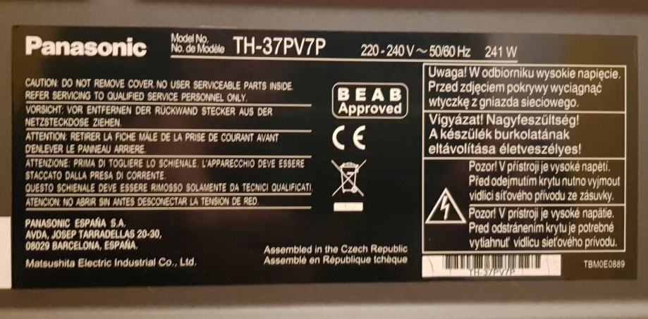 Panasonic TH-37PV7P plazma TV; 37 inčev / 94 cm