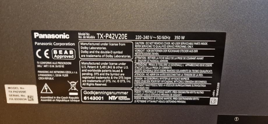 Panasonic VIERA Plazma Plasma TV 42 TX-P42V20E 106cm