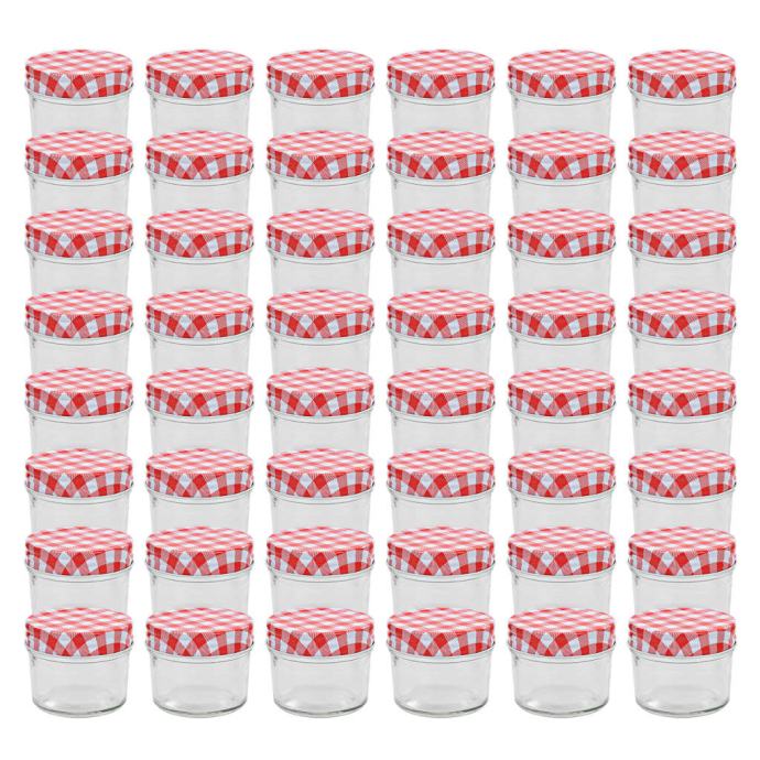 vidaXL Stekleni kozarci z belimi in rdečimi pokrovi 48 kosov 110 ml