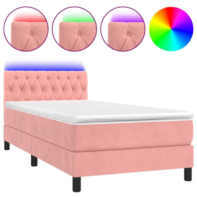 vidaXL Box spring postelja z vzmetnico LED roza 90x200 cm žamet