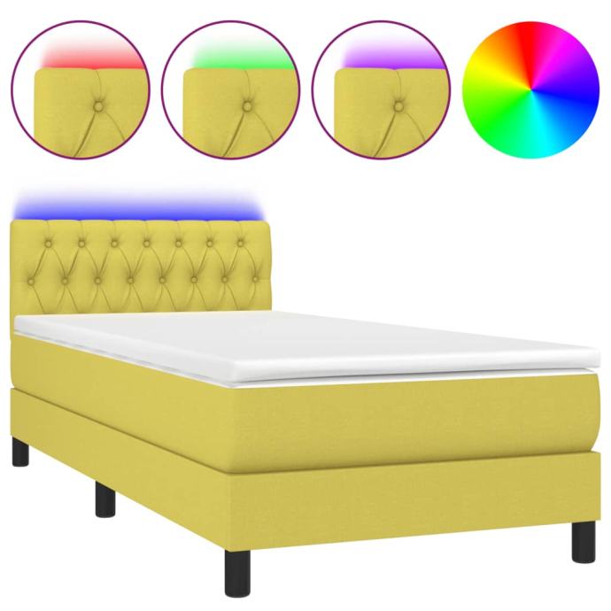 vidaXL Box spring postelja z vzmetnico LED zelena 90x200 cm blago