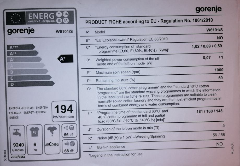 Pralni stroj Gorenje (model W6101/S), 6 kg, 1000 obr./min