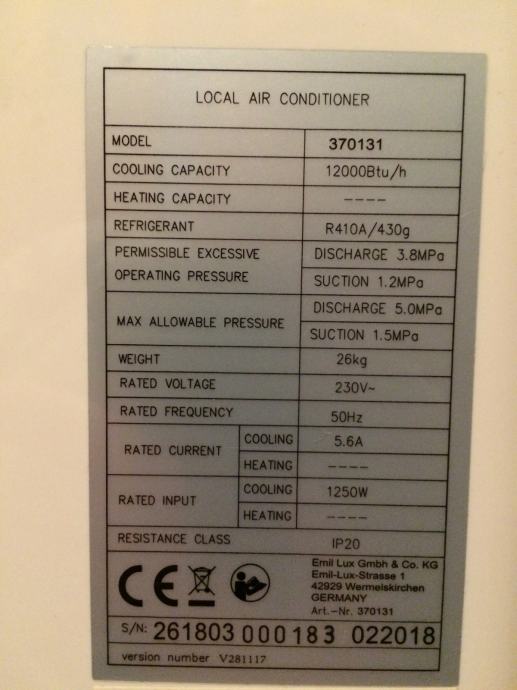 Prenosna (kompaktna) klimatska naprava Emil Lux 370131 1.25 kW