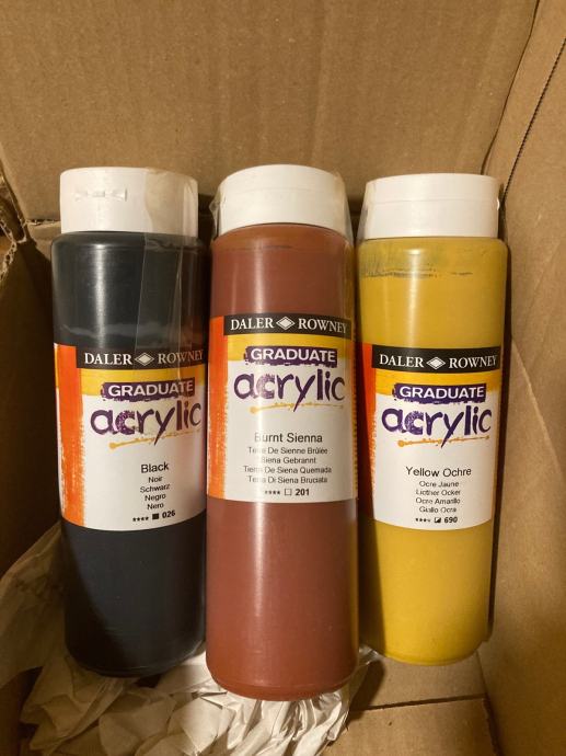 NOVE Akrilne barve 500mL Daler Rowney Rayher črna rumena oranžna ochre