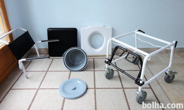 Invalidski toaletni wc & tuš voziček, na kolesih z zavoro