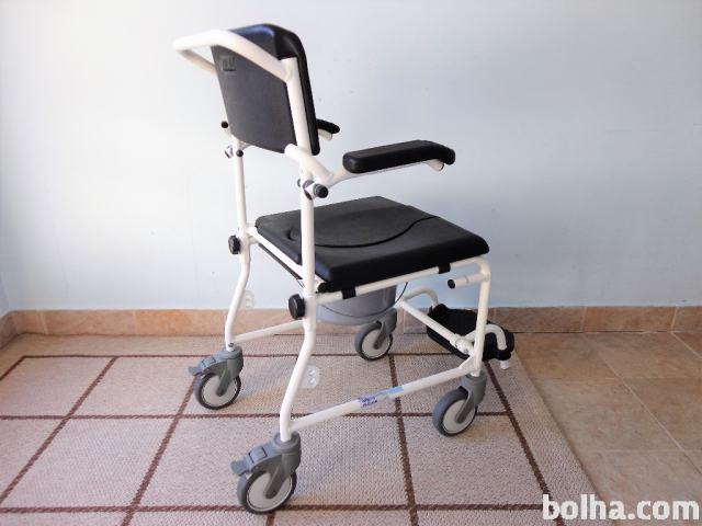 Invalidski toaletni wc+tuš voziček, na kolesih z zavoro