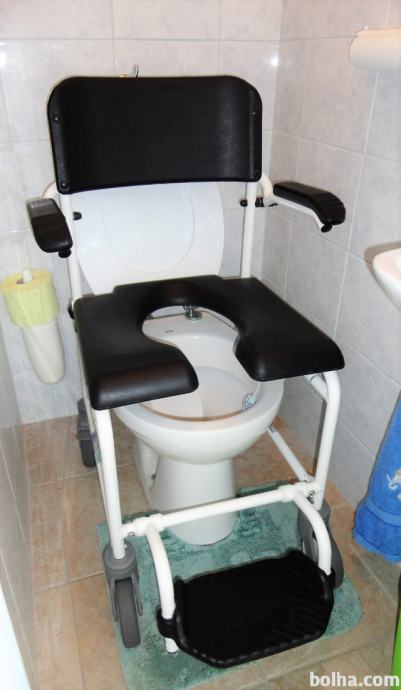 Invalidski toaletni wc+tuš voziček, na kolesih z zavoro