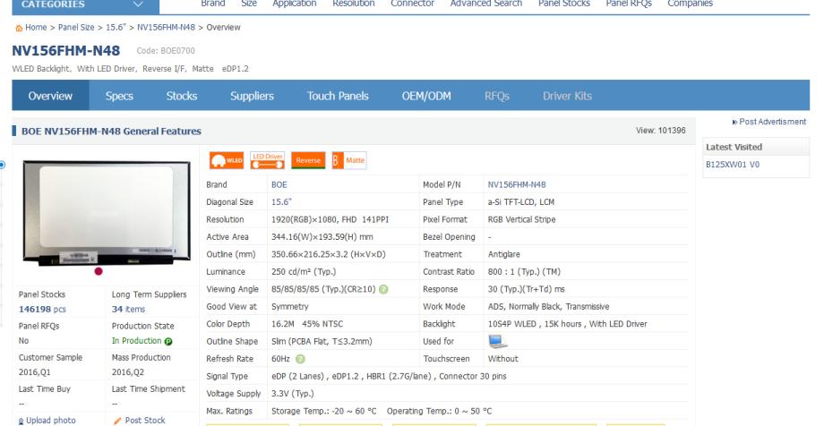 NOV FHD IPS ZASLON 15,6, 15.6 col, eDP 30 pin, NV156FHM-N48 V8.2