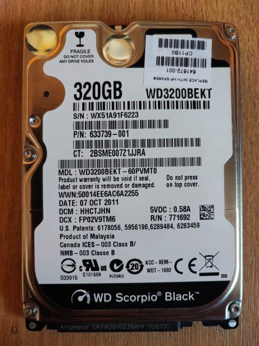 Trdi disk WD Scorpio Black 320 GB, SATA, 2,5 za prenosnike