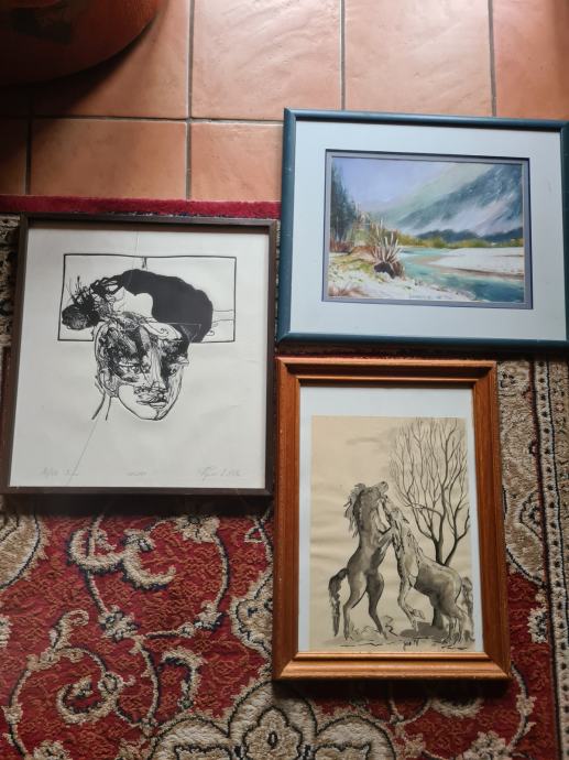 3 x slike,linorez,pastel,akvarel,akademski slikar Džemal Djoković,