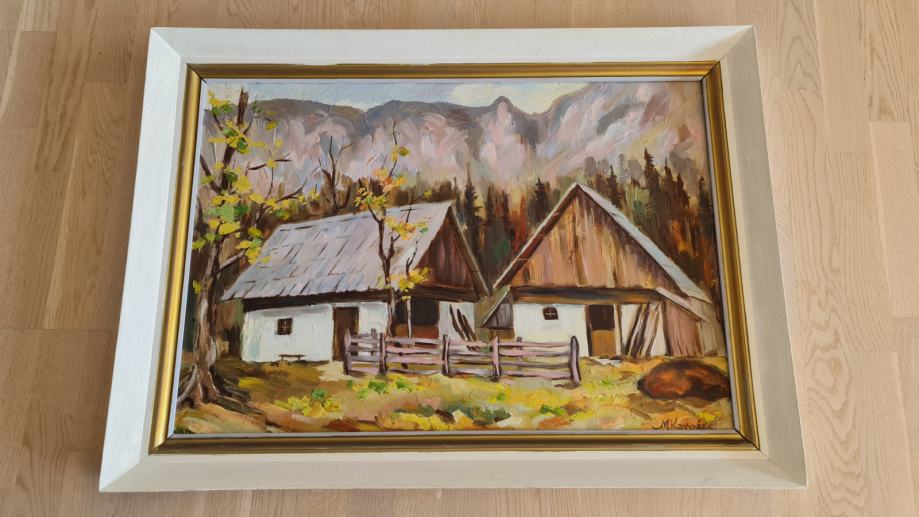 SLIKA - olje na platno - Bohinjske hiške - slikarka M.Korošec