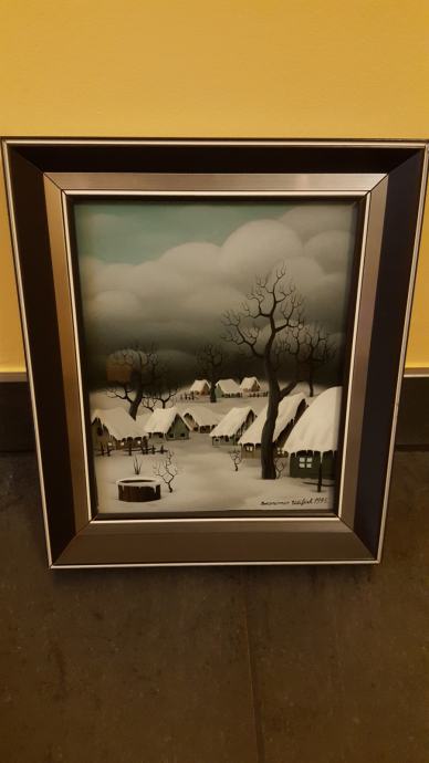 slika olje na steklo Branimir Udiljak 1975 dim slika 25x20 okvir 32x26