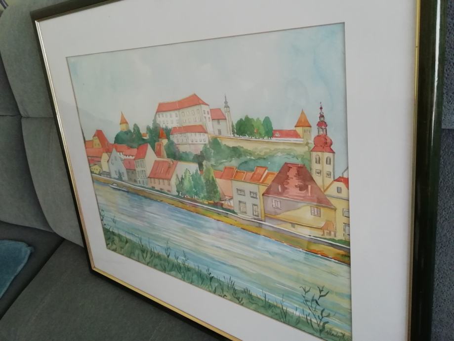 Slika (Risba) z okvirjem - Mesto - Ptuj (leto 1997) - Slikar Vlado K.