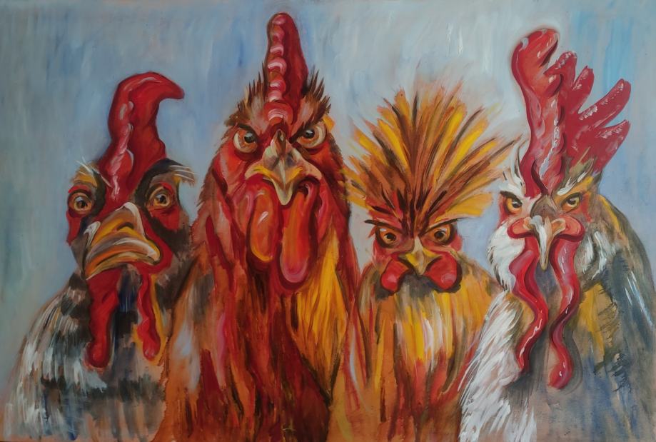 Zabavni Petelini - Funny Roosters | olje | tudi po naročilu