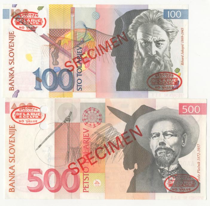 100 IN 500 TOLARJEV 15.1.1992 SPECIMEN DE LA RUE & CO LTD
