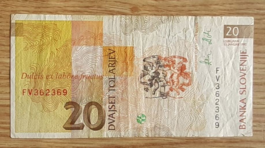 Slovenija 20 tolarjev 1992 Serija FV iz obtoka