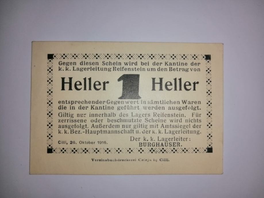 Taboriščni denar Celje Reifenstein 1916 redko