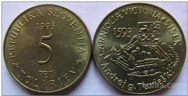 SLOVENIJA - 5 tolarjev 1993 Bitka pri Sisku aUNC