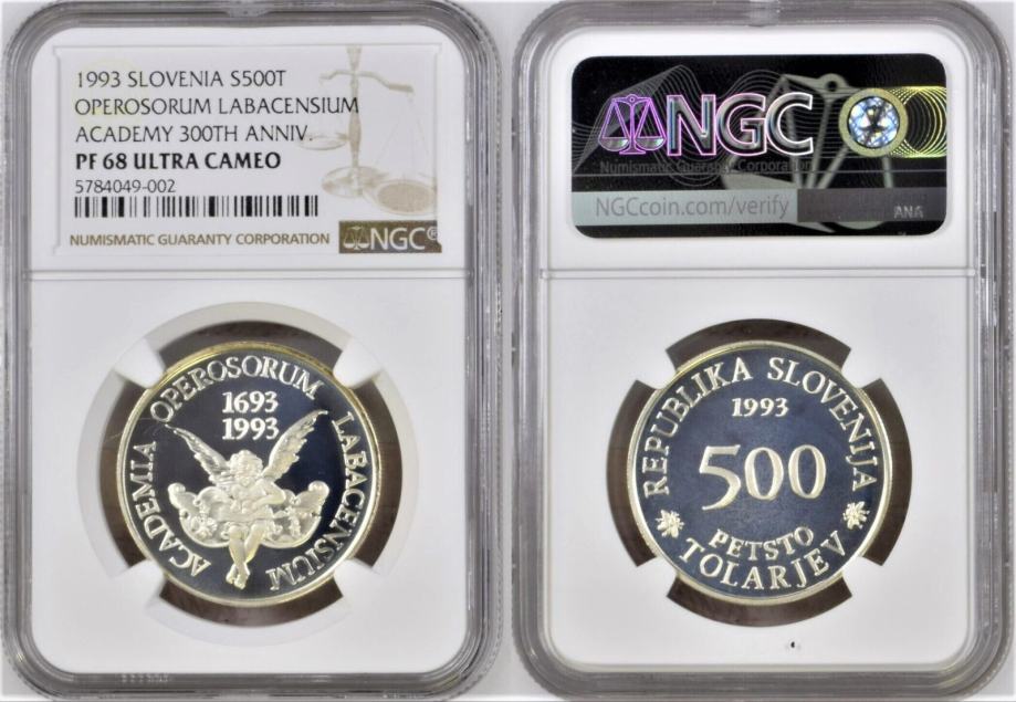 Srebrnik 500 Tolar 1993 NGC PF 68 Academia