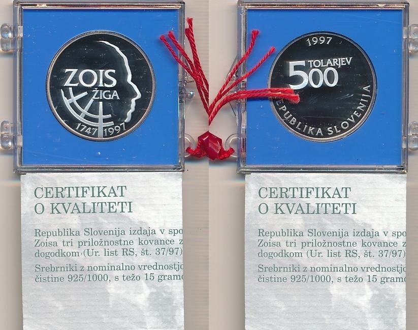 Srebrnik 500 TOLAR 1997 Žiga Zois PROOF