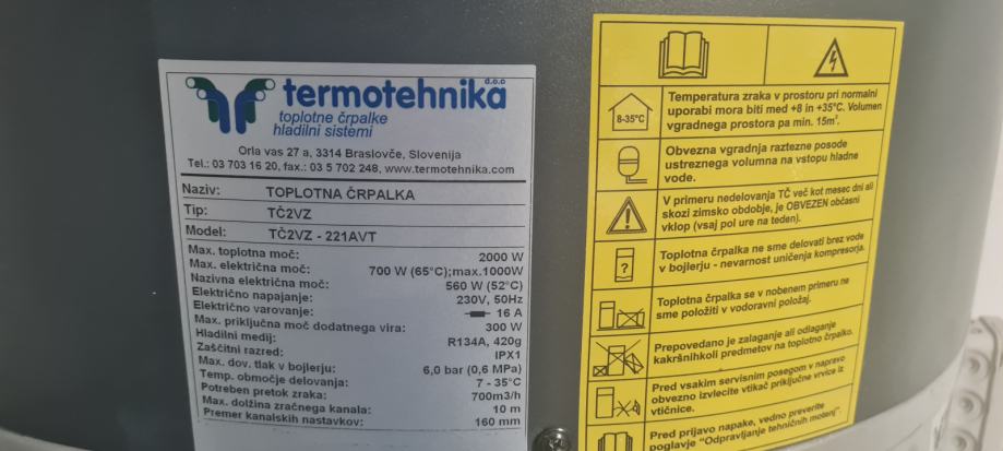 Prodam toplotno črpalko TERMOTEHNIKA TČ2VZ-221AVT 200l