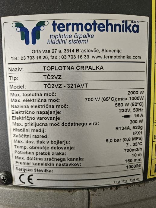 Toplotna črpalka za ogrevanje sanitarne tople vode Termotehnika 300l