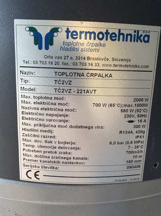 Toplotna črpalka TERMOTEHNIKA TČ2VZ za sanitarno vodo z 200L bojlerjem