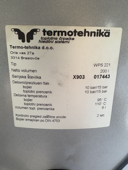 Toplotna črpalka TERMOTEHNIKA TČ2VZ za sanitarno vodo z 200L bojlerjem