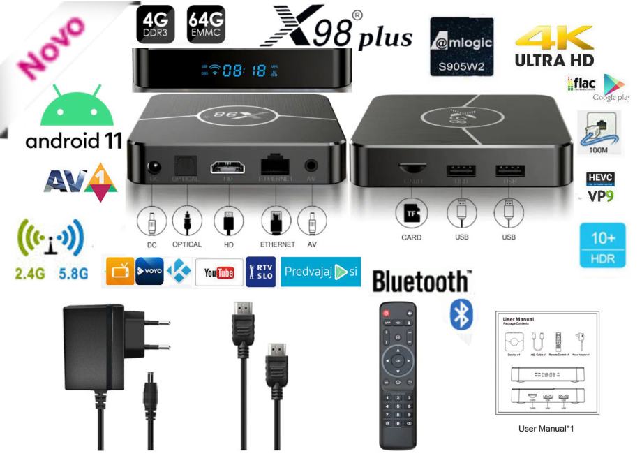 Android box X98 PLUS AV1 4/64GB Android 11 USB 3.0 BT Wifi5 4K Kodi 20