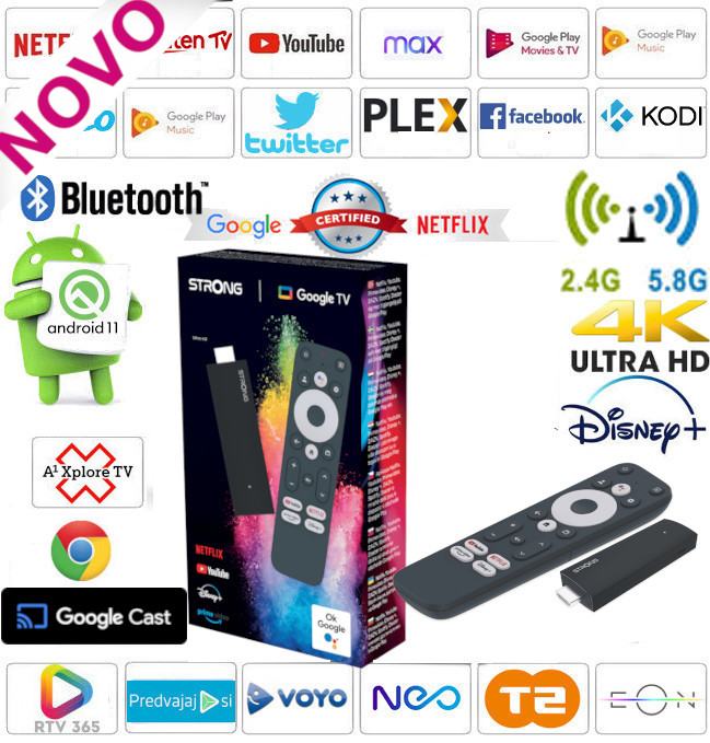 Android ključek Google TV KODI RTV365 T2 MAX EON NEO A1 VOYO NETFLIX