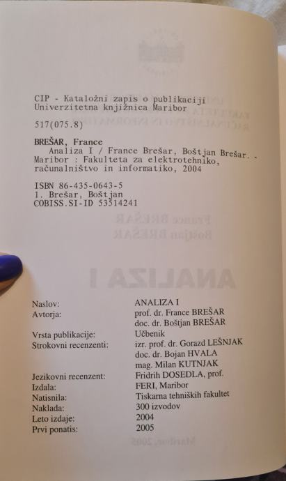 Analiza 1, M. Brešar, B. Brešar