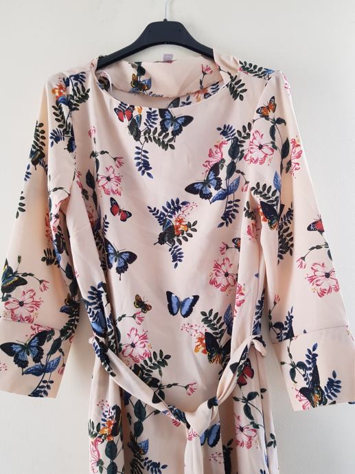 H&M NOVA BEŽ OBLEKA Z METULJI 36/38