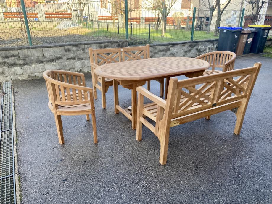 Nerabljena vrtna teak garnitura, miza ter 2 klopi in 2 stola, tikovina