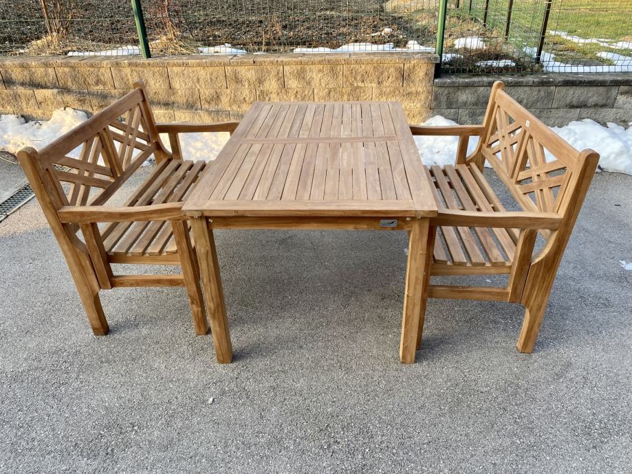 Teak vrtna garnitura, miza, 2 stola ter 2 klopi, tikovina