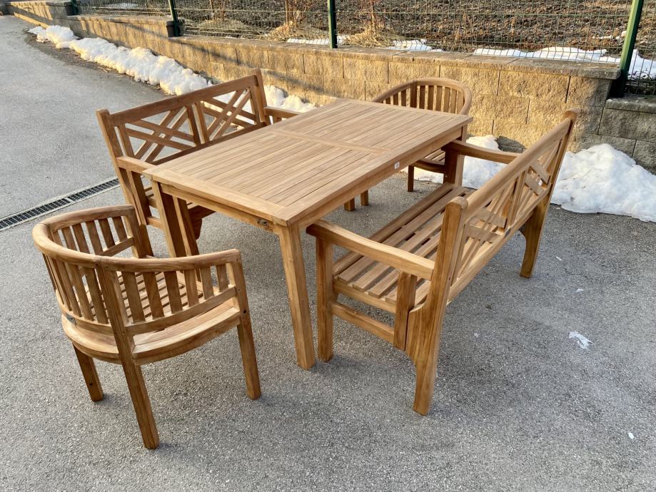 Teak vrtna garnitura, miza, 2 stola ter 2 klopi, tikovina