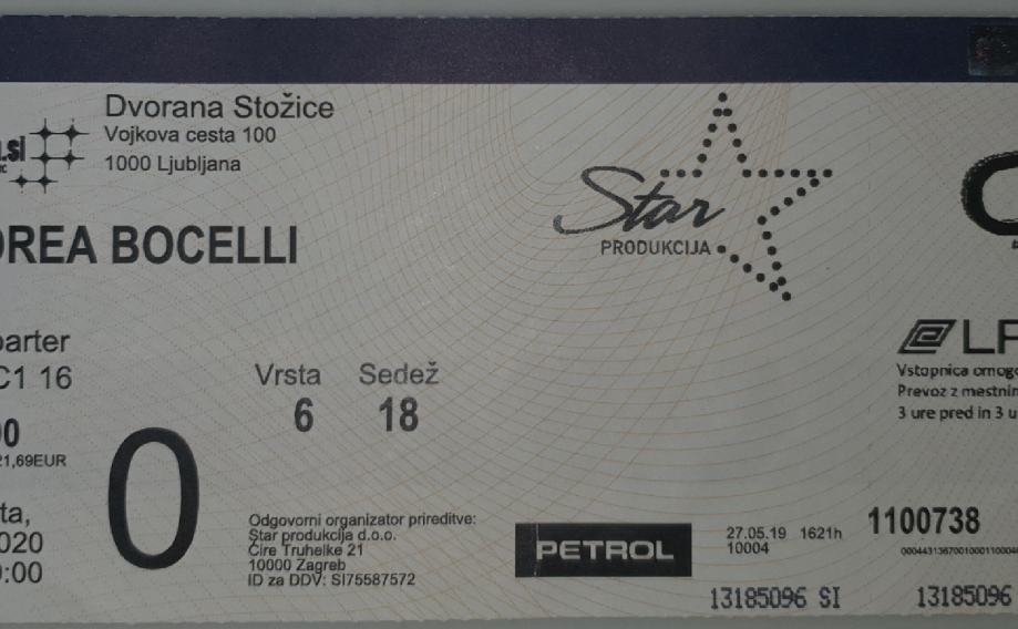 Gold Parter vstopnica za koncert Andrea Bocelli, Sobota 08.10.2022
