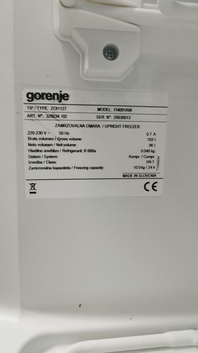 vgradnja zamrzovalna omara Gorenje ZOI1127, dimenzij 87,5x54x54