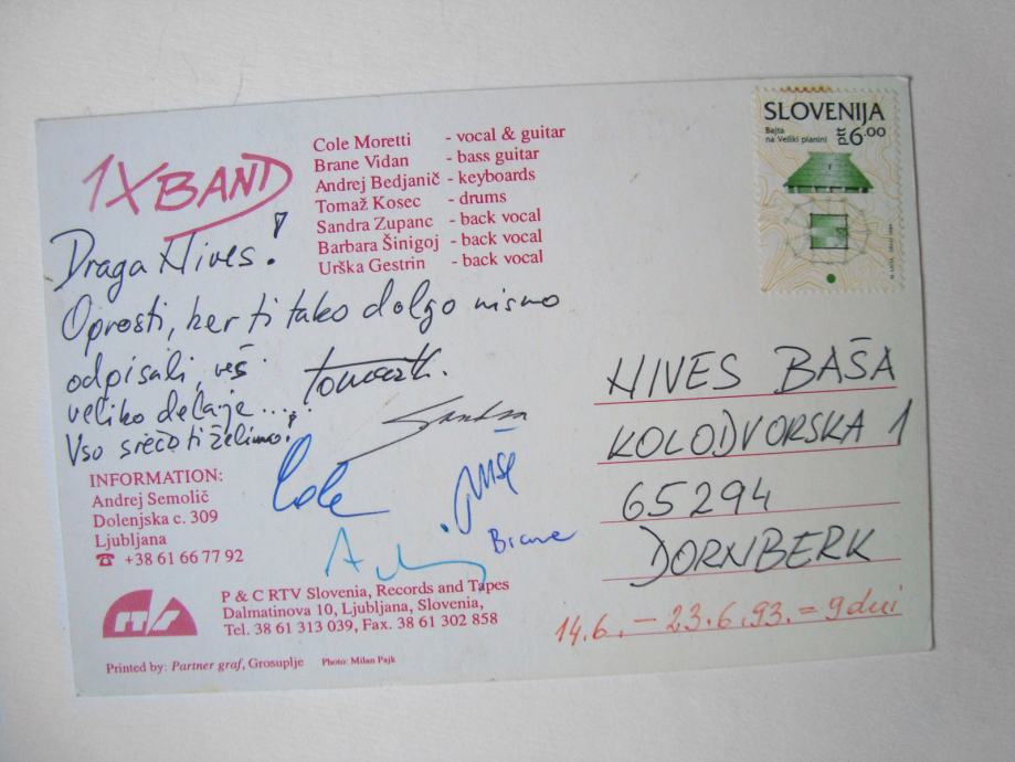 1X BAND kartica s posvetilom in podpisi vseh članov skupine, 1993