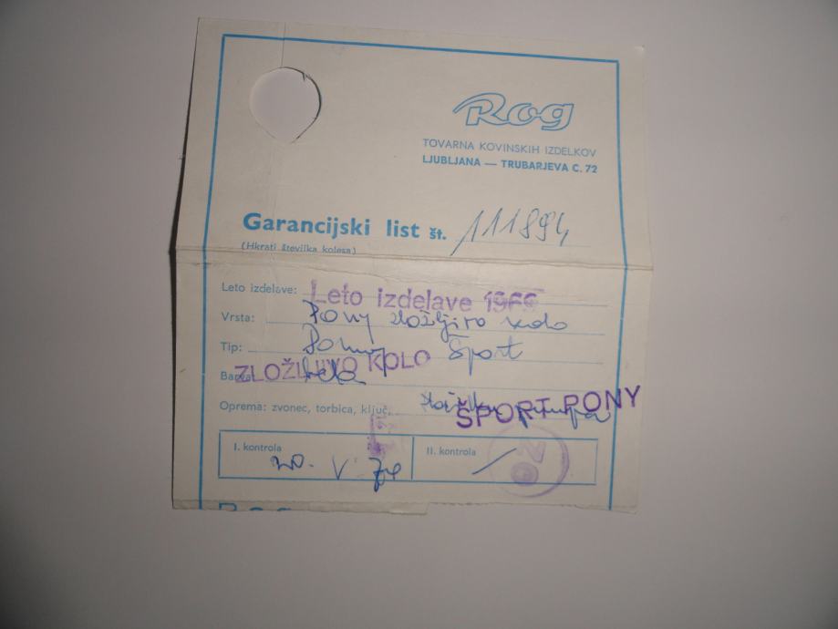GARANCIJSKI LIST ZA ZLOŽLJIVO PONY KOLO, ROG 1969