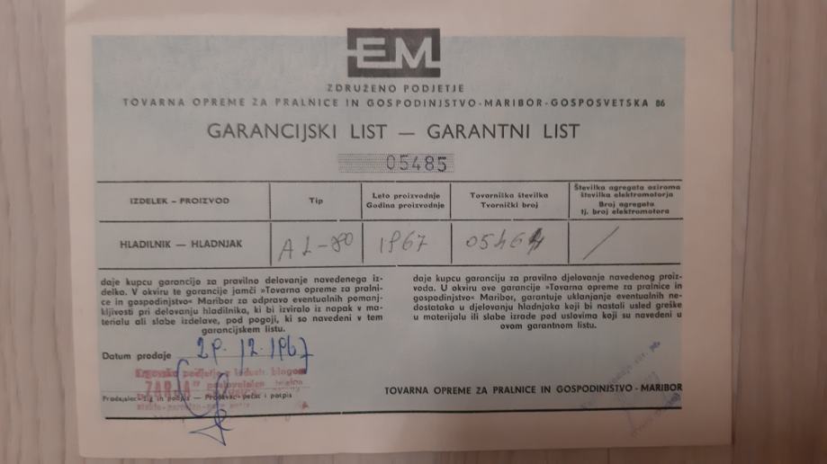 HLADILNIK HIMO AL 80, HIDROMONTAŽA MARIBOR,NAVODILA, GARANCIJSKI LIST.