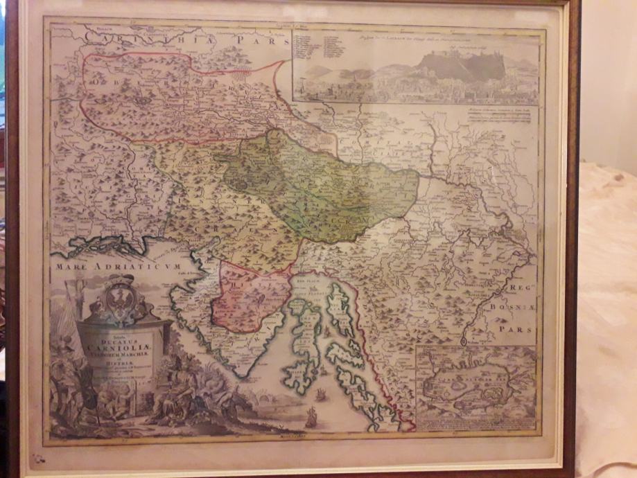 Zemljevid Kranjskih dežel iz 1714 leta ORIGINAL KOLORIRAN BAKROREZ!