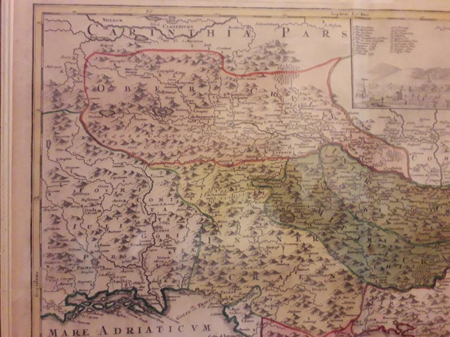 Zemljevid Kranjskih dežel iz 1714 leta ORIGINAL KOLORIRAN BAKROREZ!